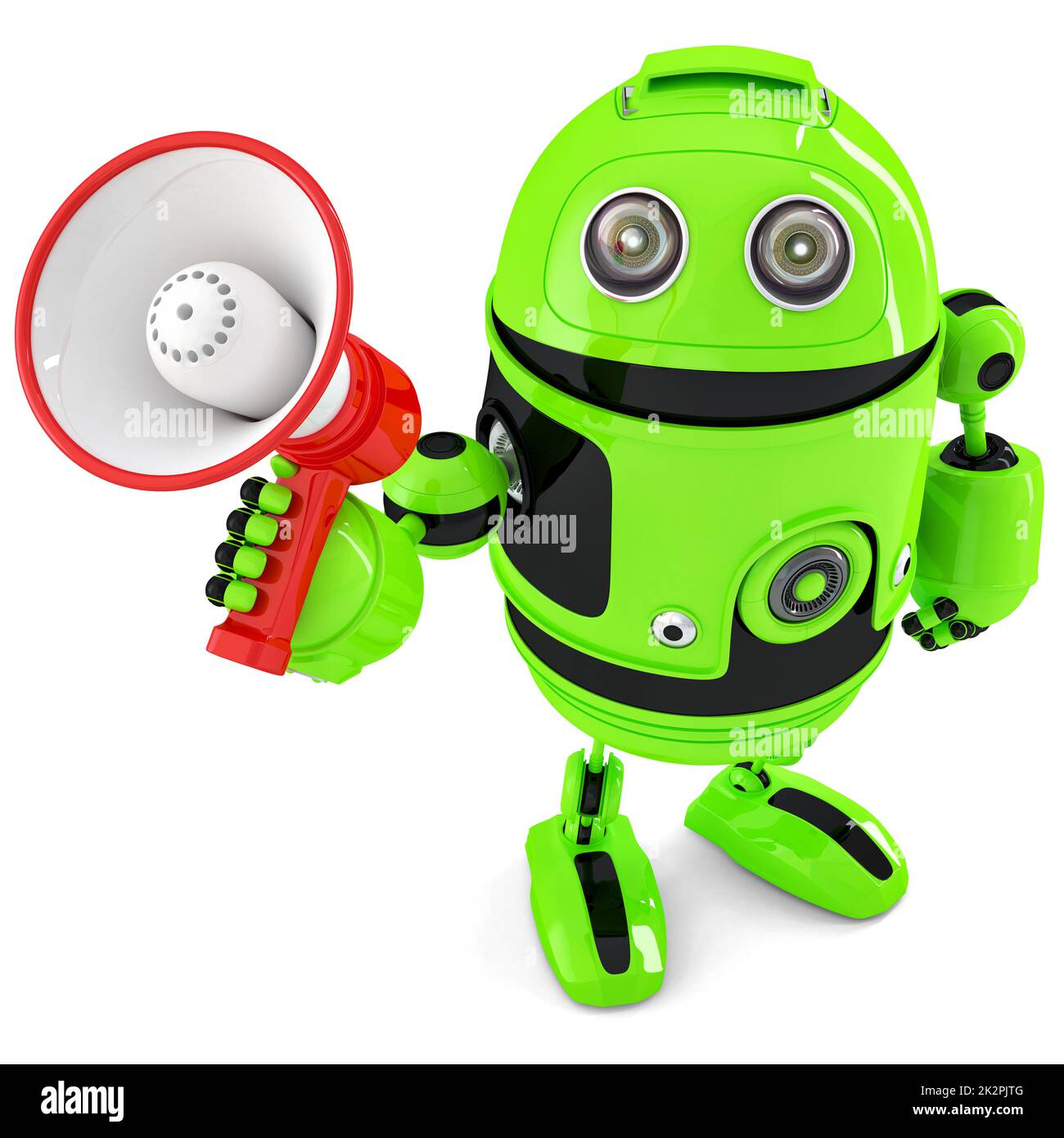 Green robot shouting into bullhorn. Isolated. Contains clipping path ...