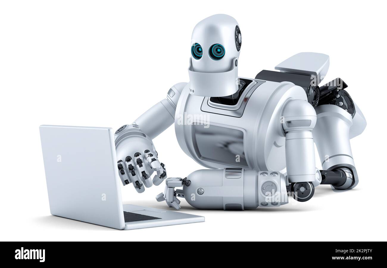 Robot laying on floor with laptop. Isolated. Contains clipping path ...