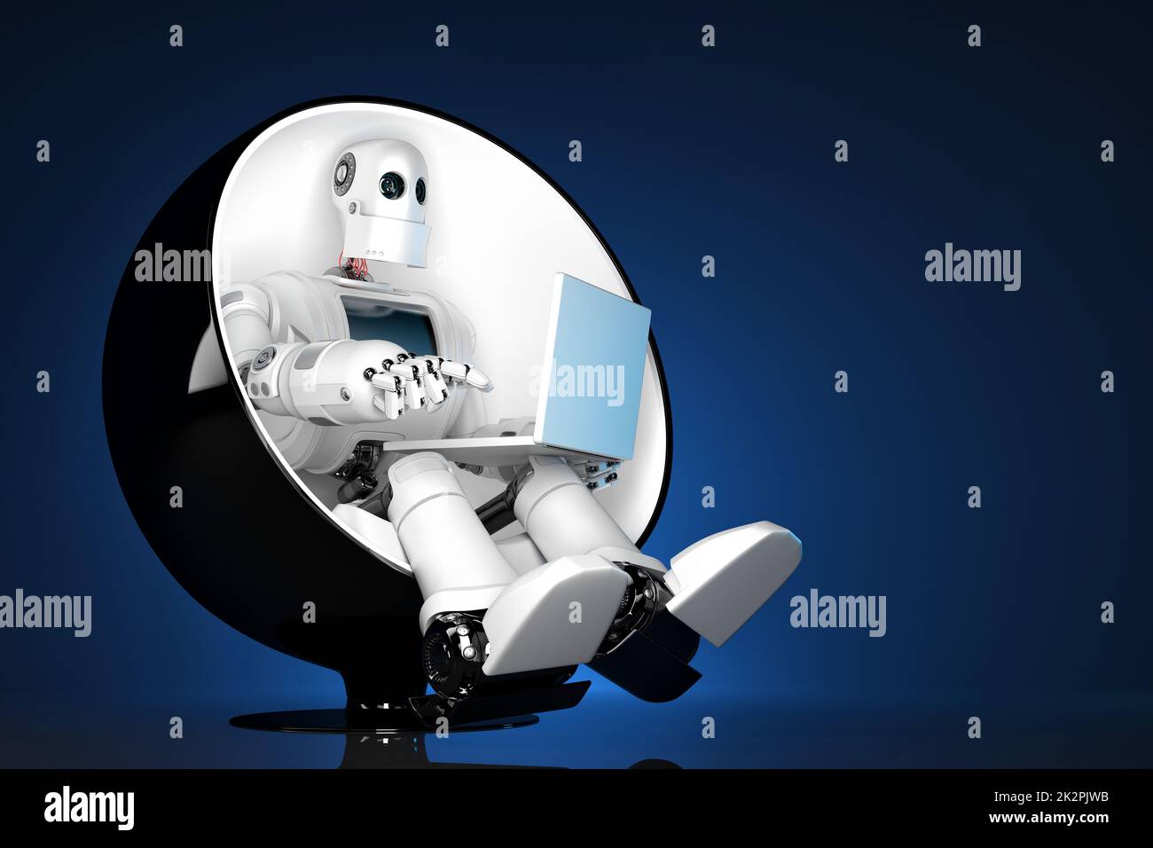 Robot sitting on a chair and holding a laptop. Contains clipping path ...