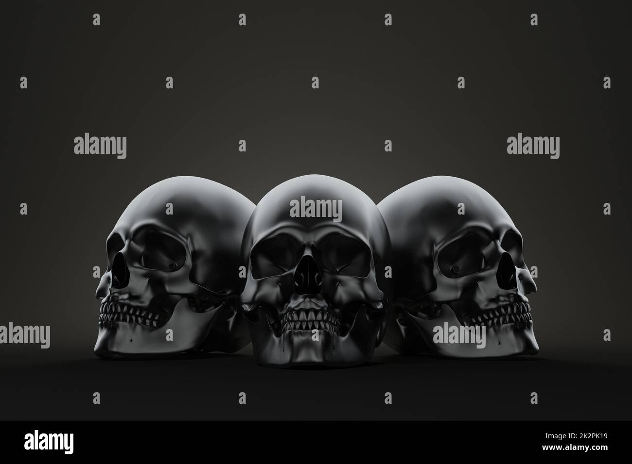 Three skull on the block. Still life render Stock Photo - Alamy