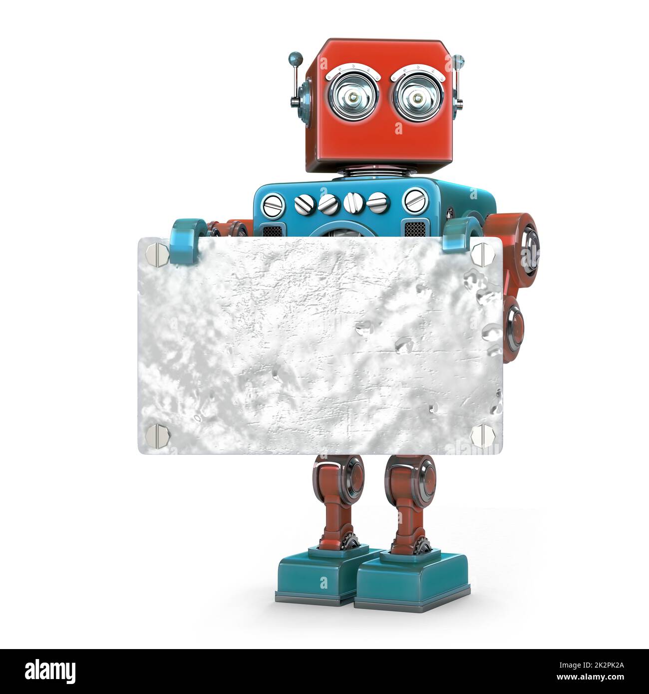 Retro robot with metallic blank board. Isolated. Contains clipping path ...