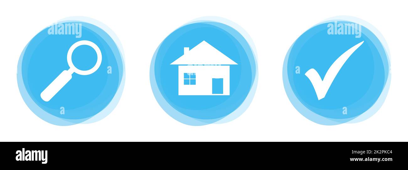 White Icons on light blue Buttons: Search and Find House, Real Estate ...