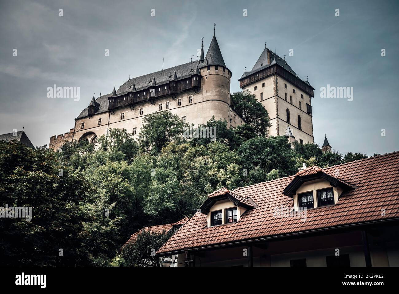 Karlstejn Castle, a large medieval gothic castle. Karlstejn village ...