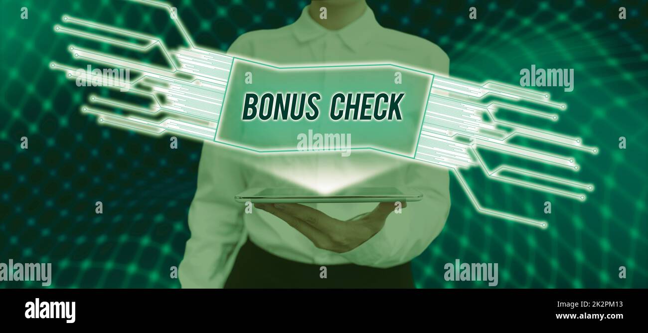 Inspiration showing sign Bonus Check. Word Written on something in ...