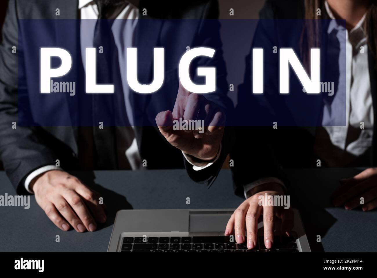 Text caption presenting Plug In. Business showcase putting device into ...