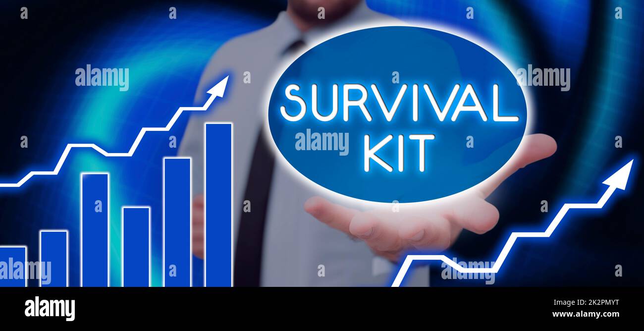 Text caption presenting Survival Kit. Business approach Emergency ...