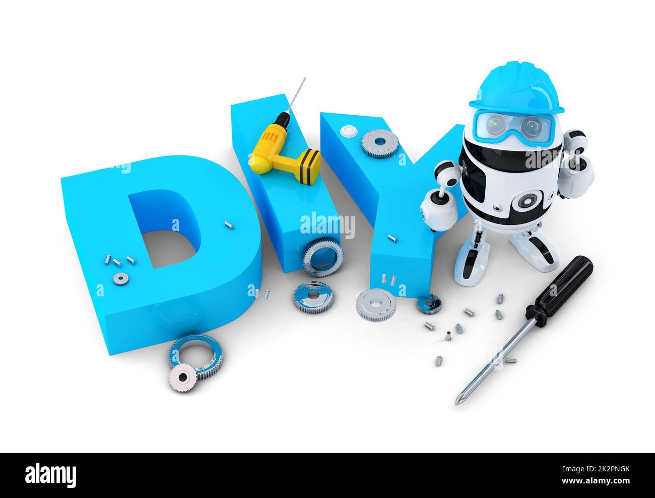 Robot with DIY sign. Technology concept. Isolated on white background ...