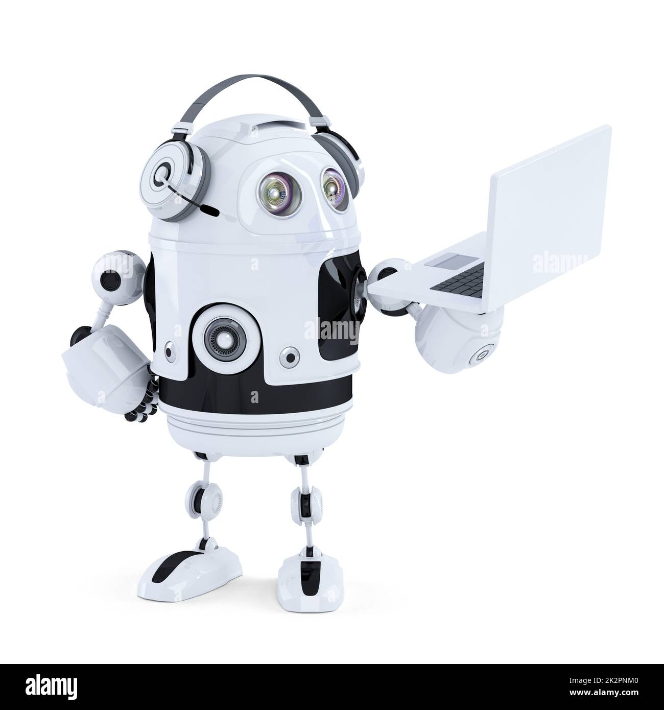 Android robot with headphones and laptop. Isolated. Contains clipping path Stock Photo - Alamy