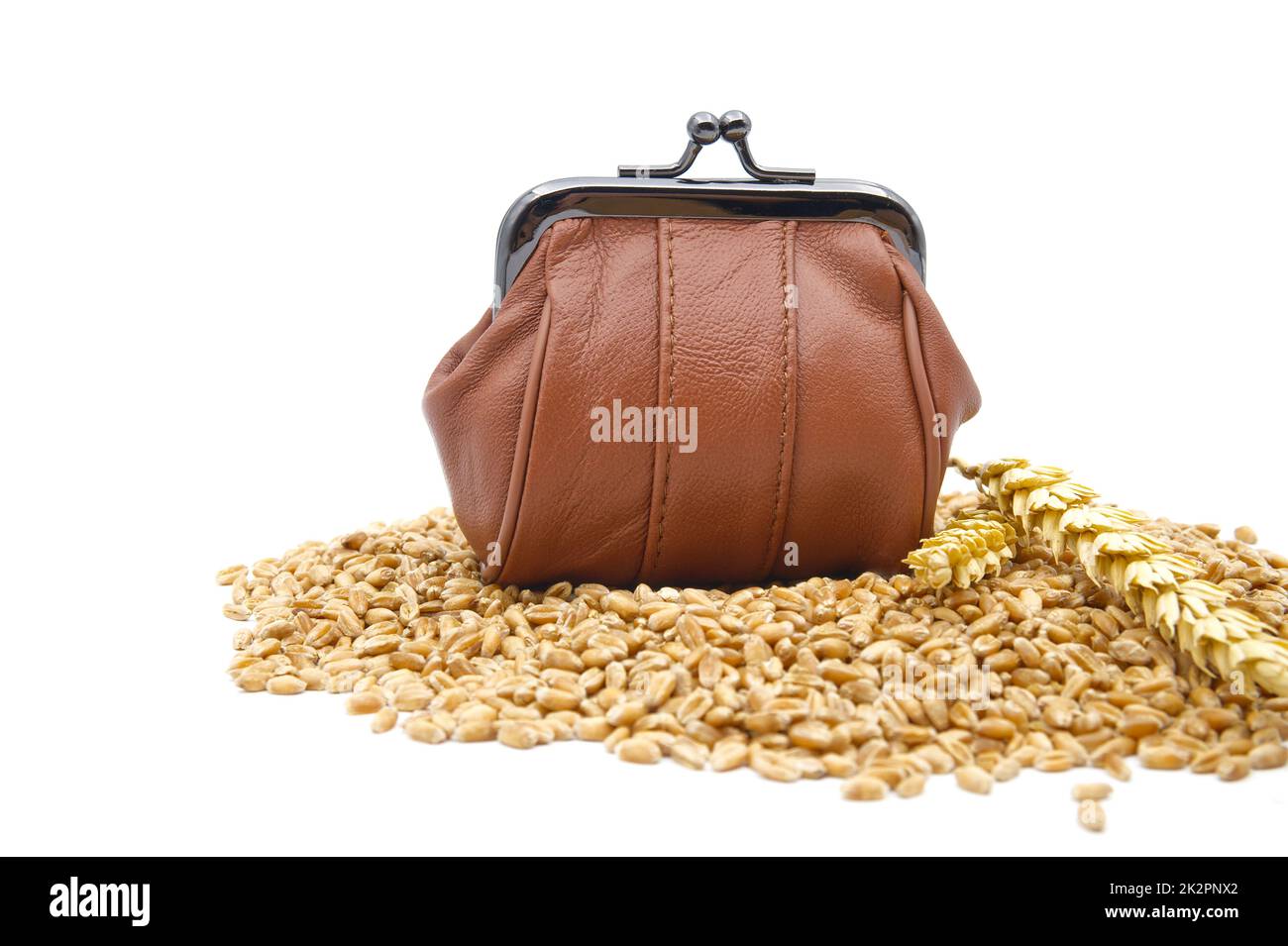 Wheat grain seeds and brown vintage leather purse Stock Photo - Alamy