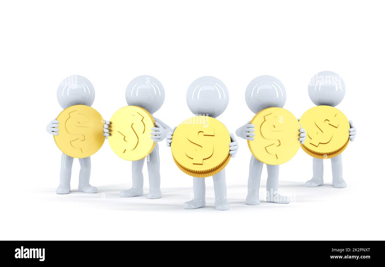 Group of 3d people with gold shiny coins. Isolated. Contains clipping ...