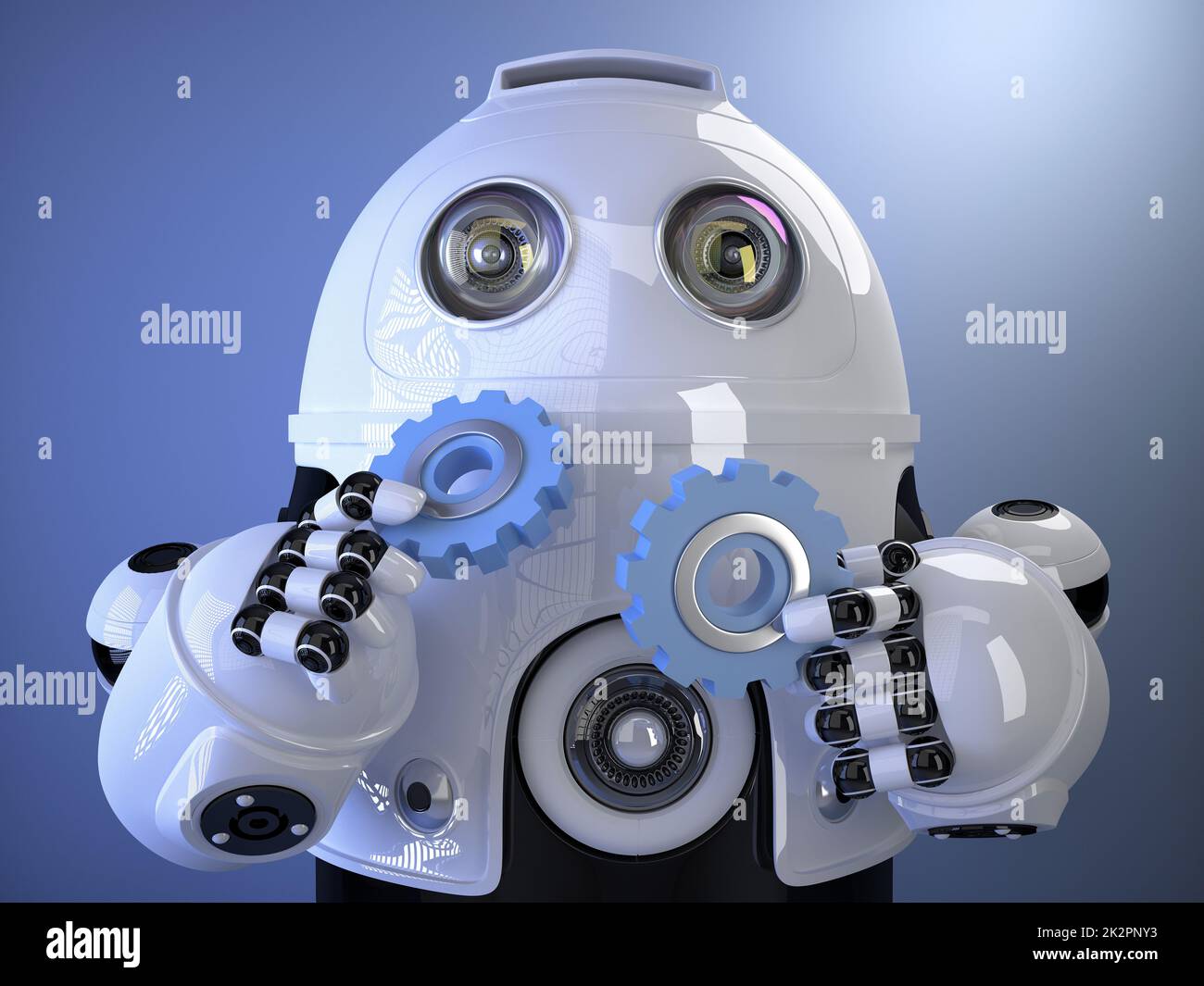 Robot holding gears in hands. Technology concept. Contains clipping ...