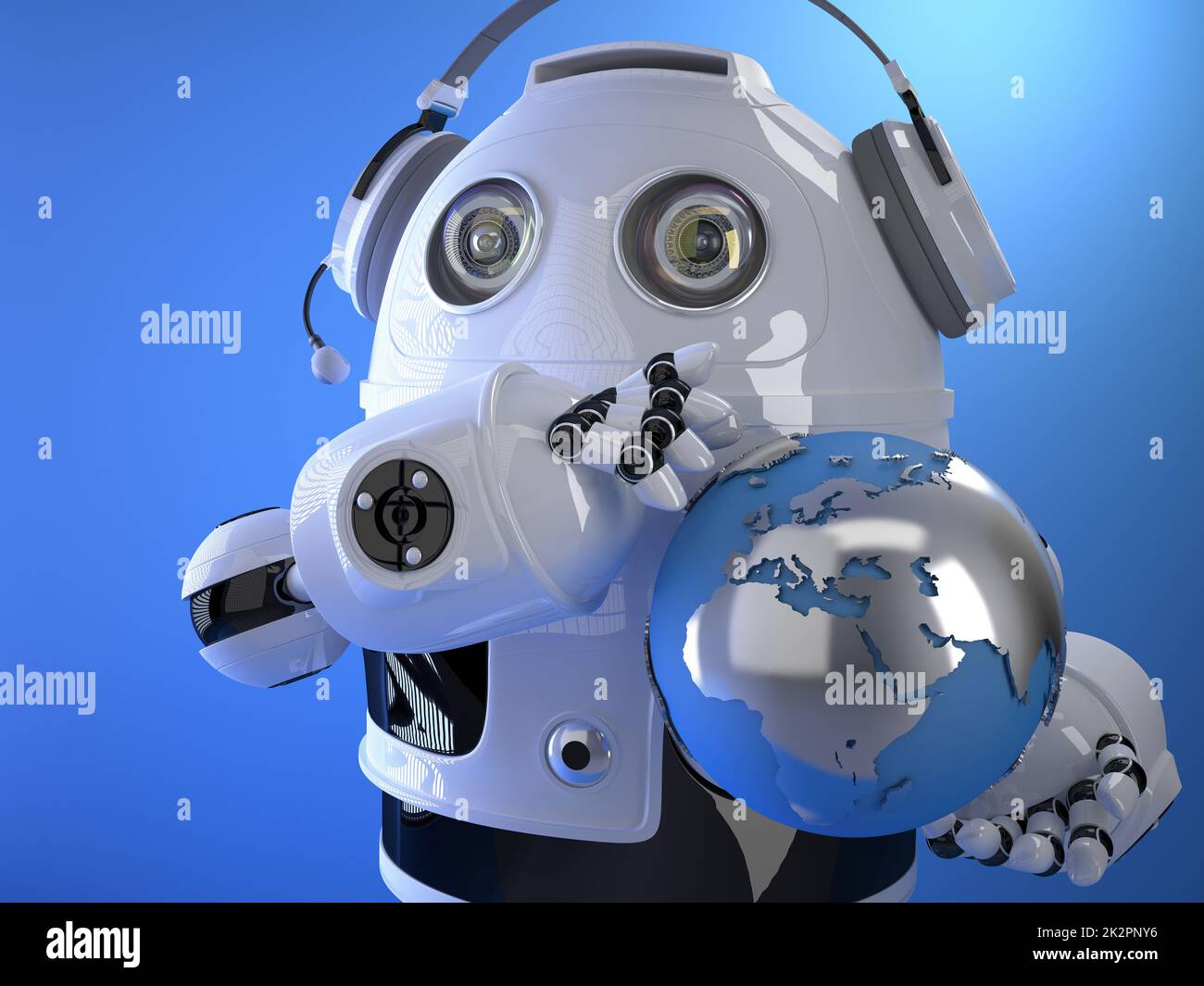 Robot operator in headset with globe. Globall support concept. Contains ...
