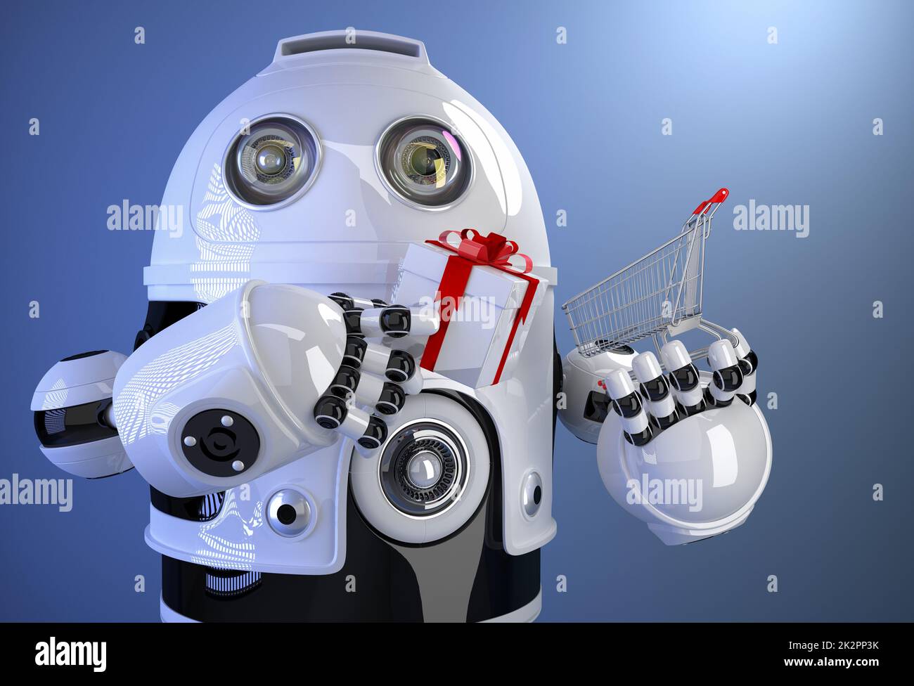 Robot with shopping cart with gift box. Contains clipping path Stock ...