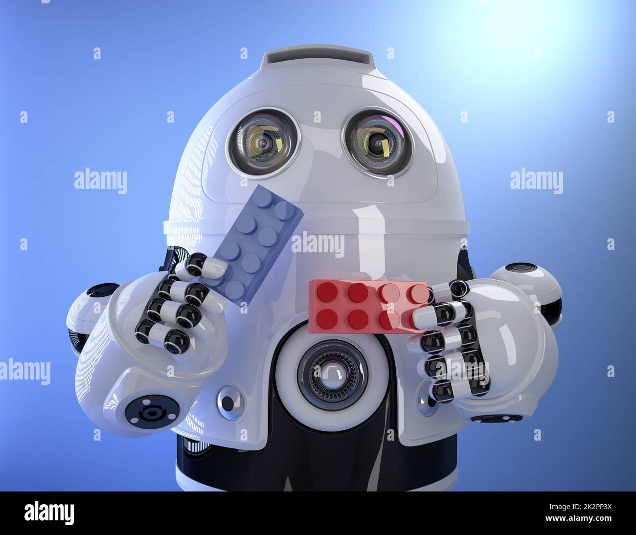 Robot playing with colorful building bricks. Technology concept ...