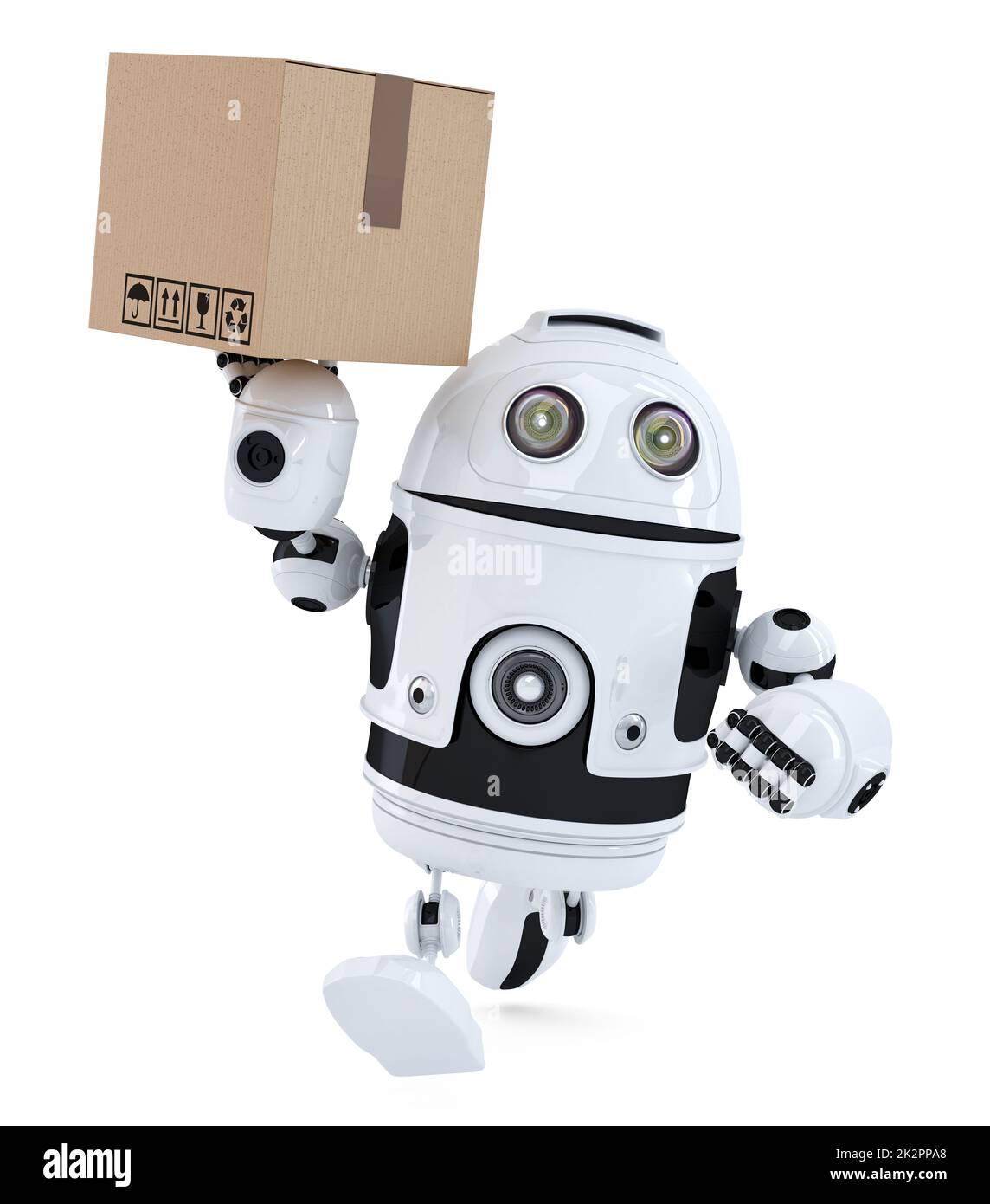 Robot on a hurry delivering package. Isolated. Contains clipping path ...