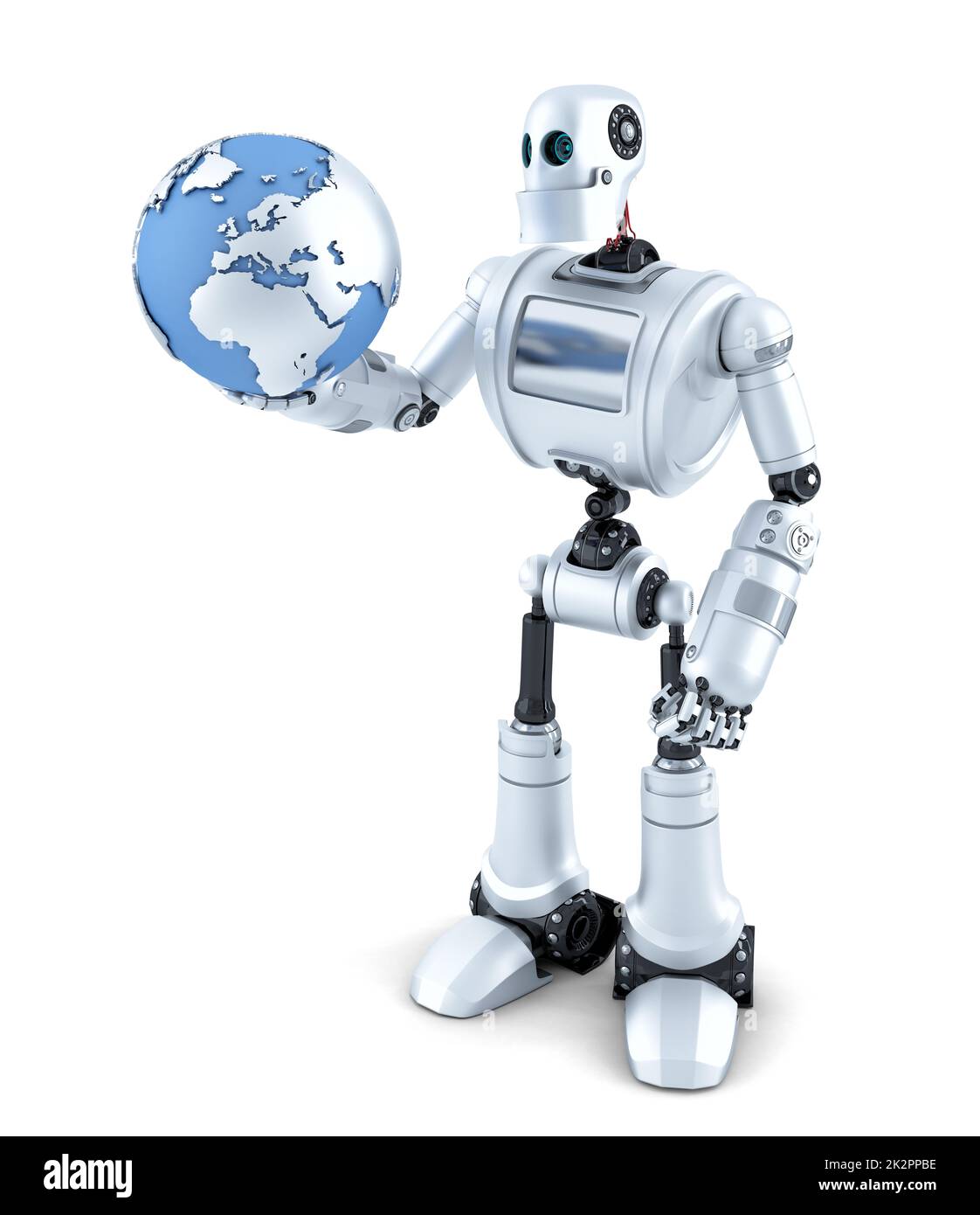 Robot holds earth globe. Technology concept. Isolated. Contains ...