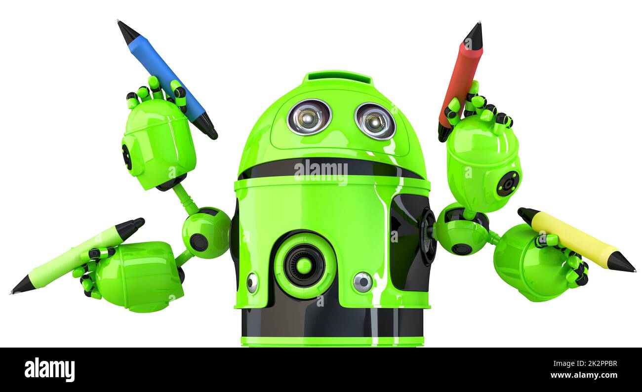 Green four-arm robot with pencils. Multitasking concept. Isolated ...