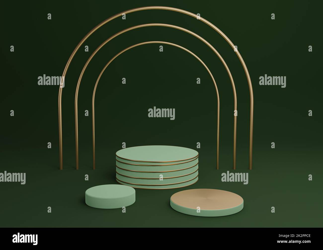 Dark, warm green 3D rendering simple product display cylinder podiums with luxury gold arch and ...