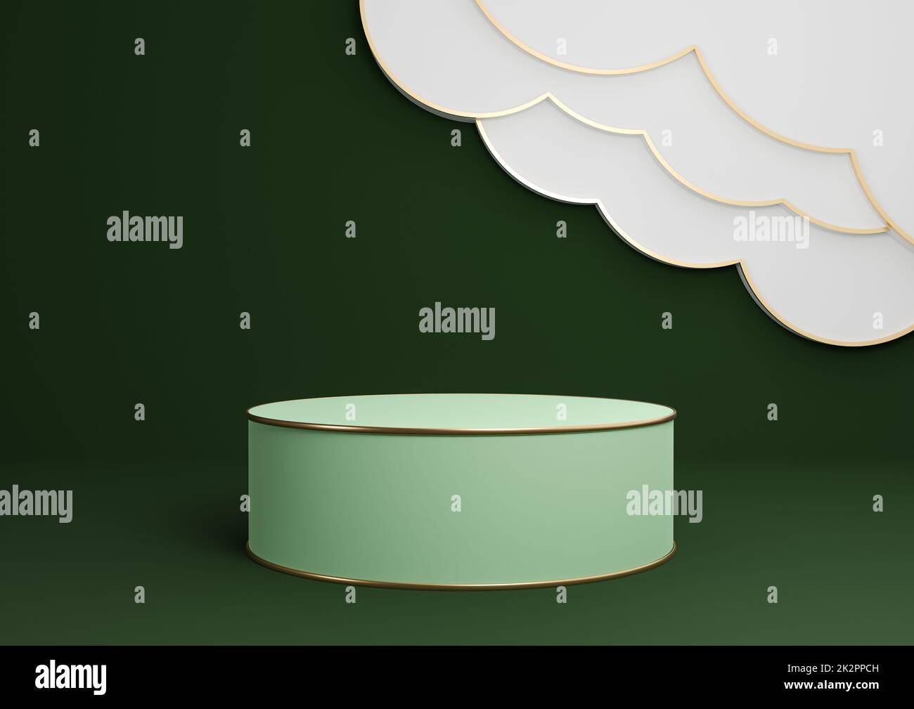 Dark, warm green 3D rendering product display podium or stand with abstract clouds and golden ...