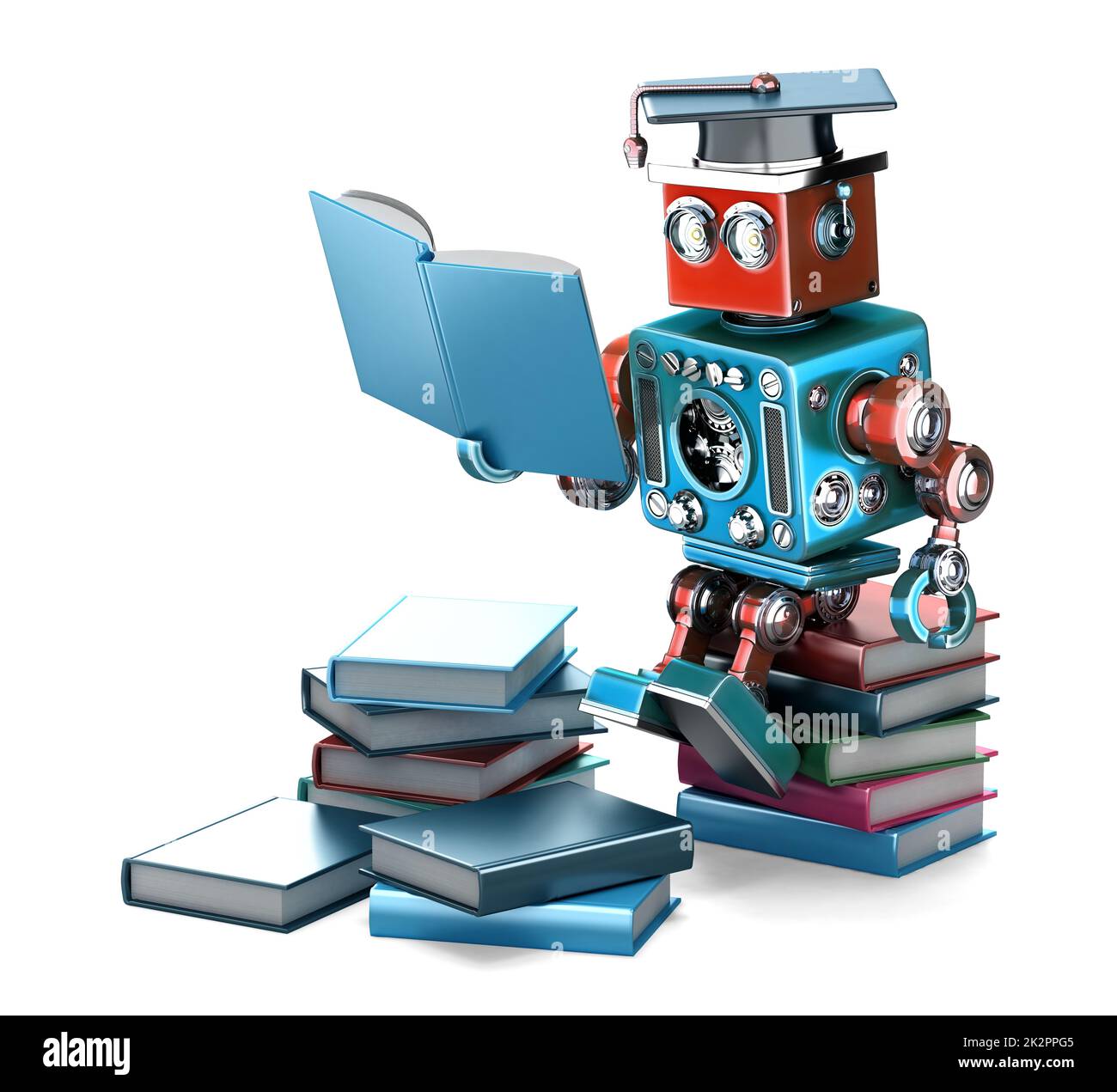 Vintage Robot reading books. Education concept. Isolated. Contains ...