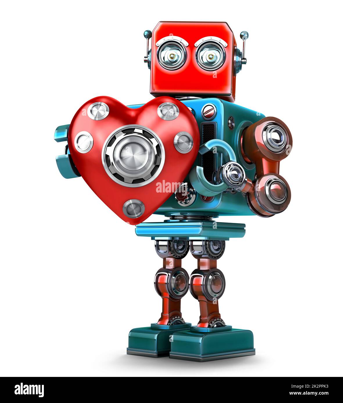 Cute 3d Retro Robot obot with red heart. Isolated. Contains clipping ...