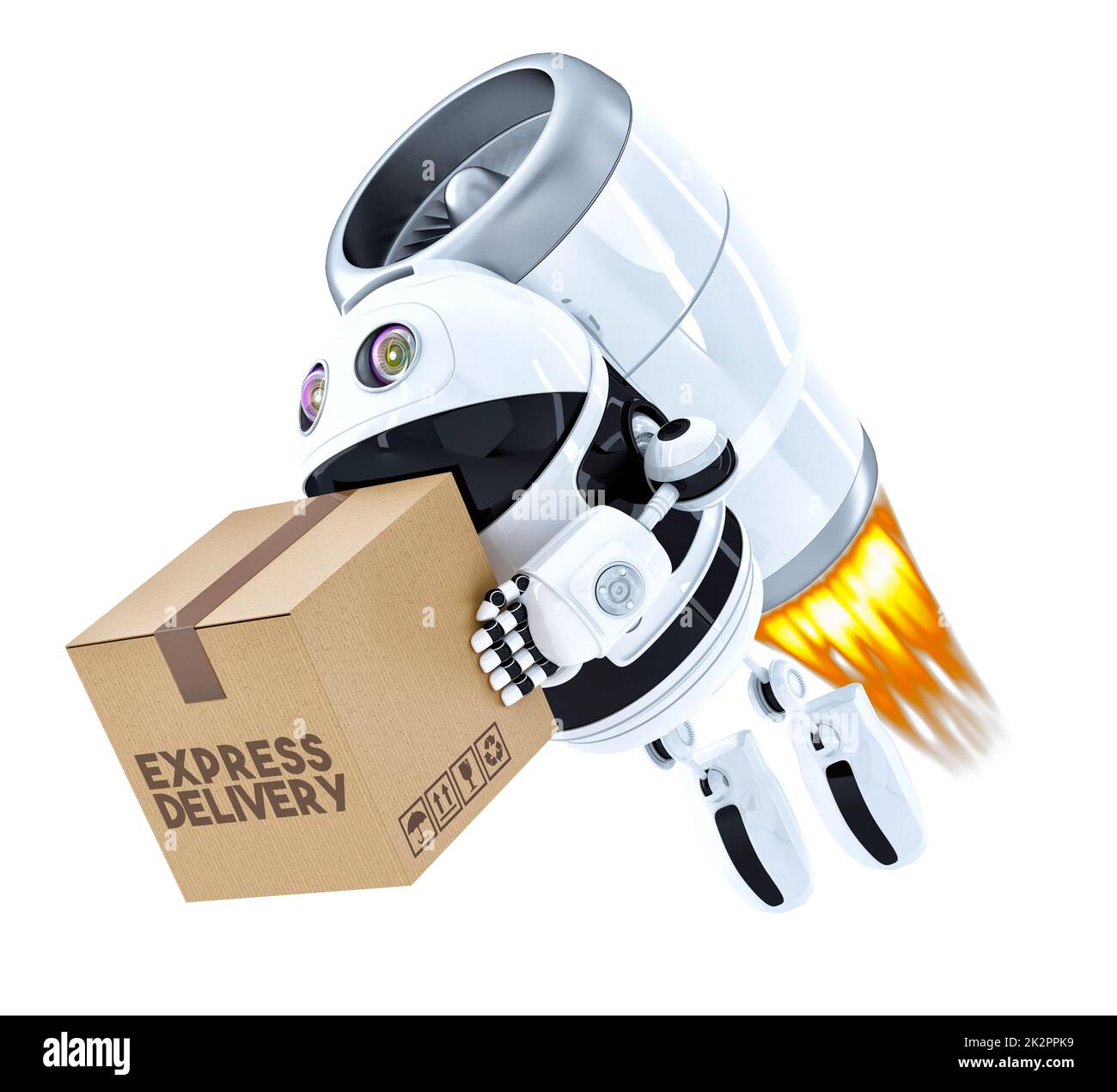 Rocket Delivery Robot flying with package. Isolated. Contains clipping ...