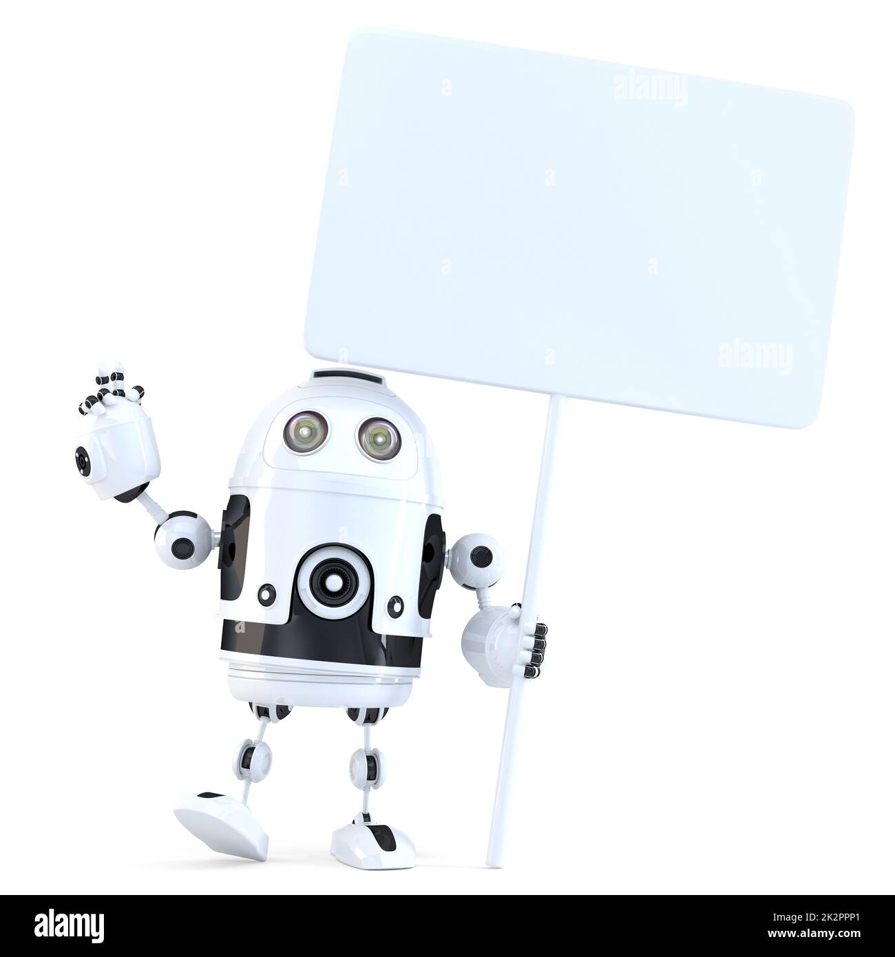 Happy cheerful Robot with blank board. 3D illustration. Isolated ...