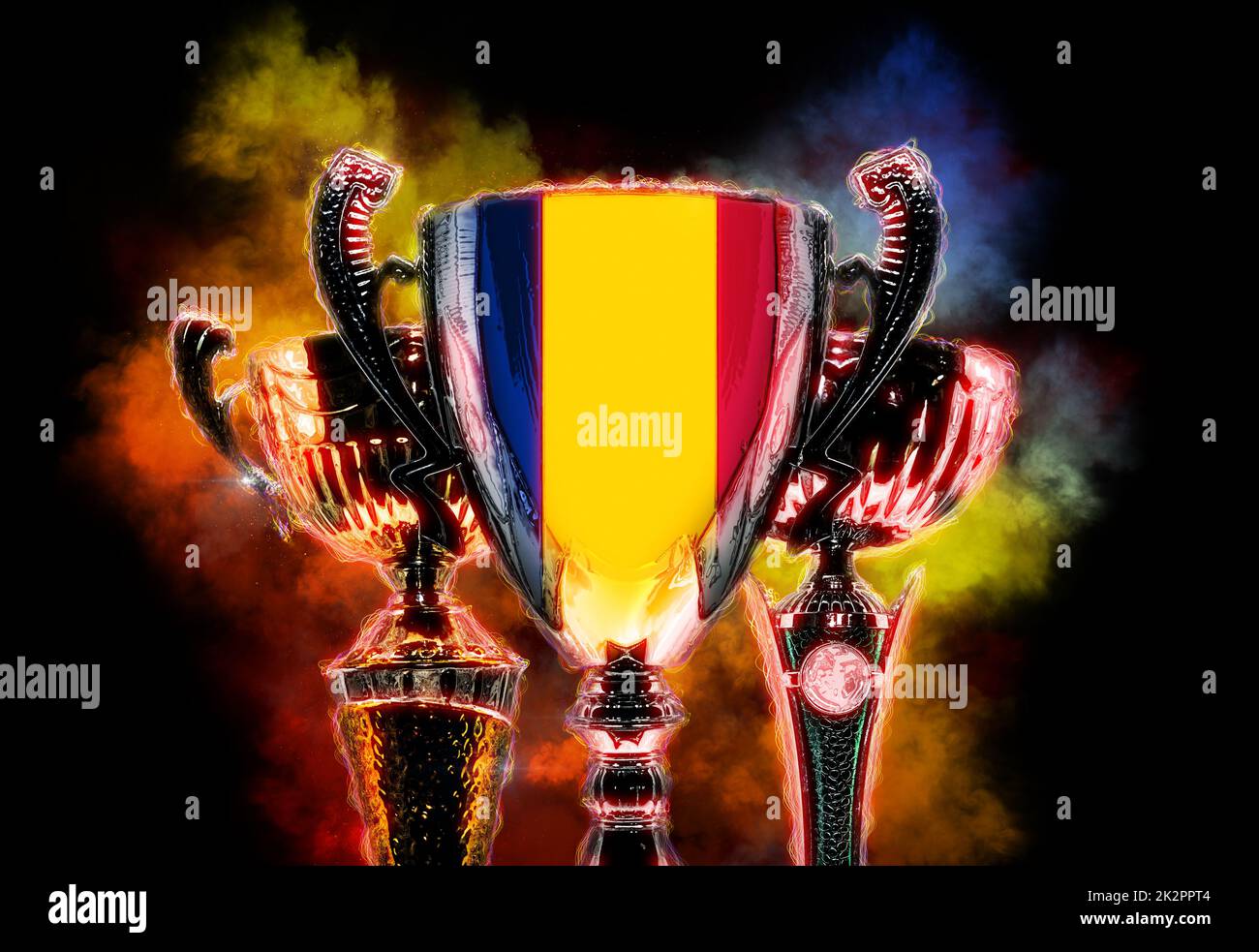Trophy cup textured with flag of Romania. Digital illustration Stock ...