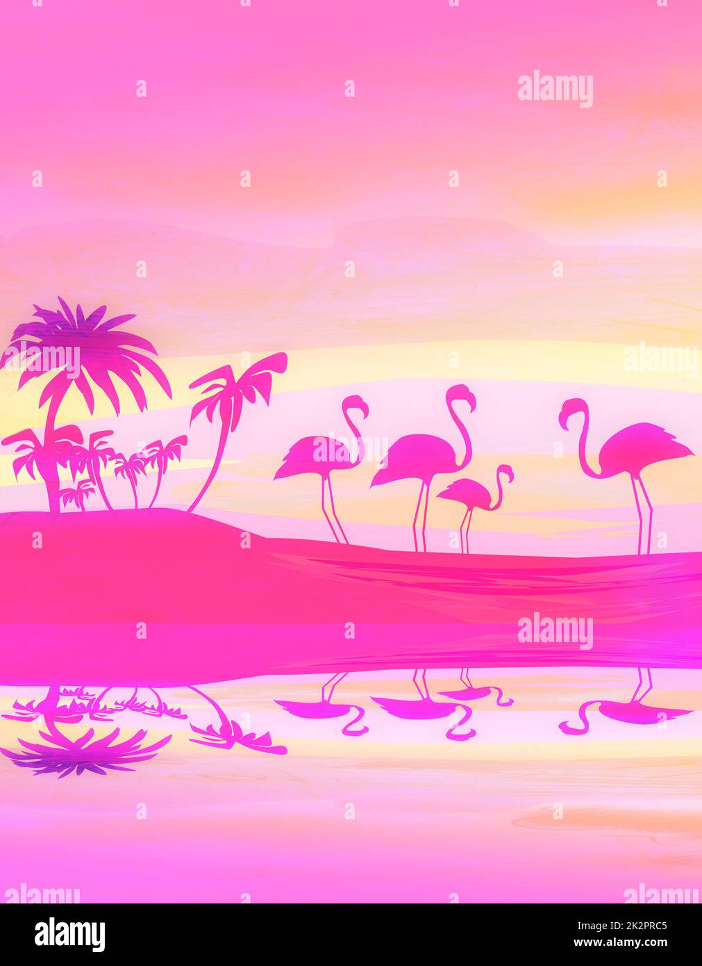 flamingos in wild nature landscape during sunset, silhouette ...