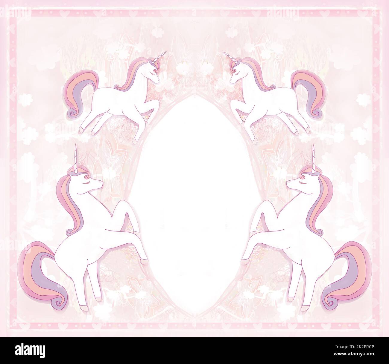 decorative frame with cute unicorns on a beautiful artistic pink floral ...