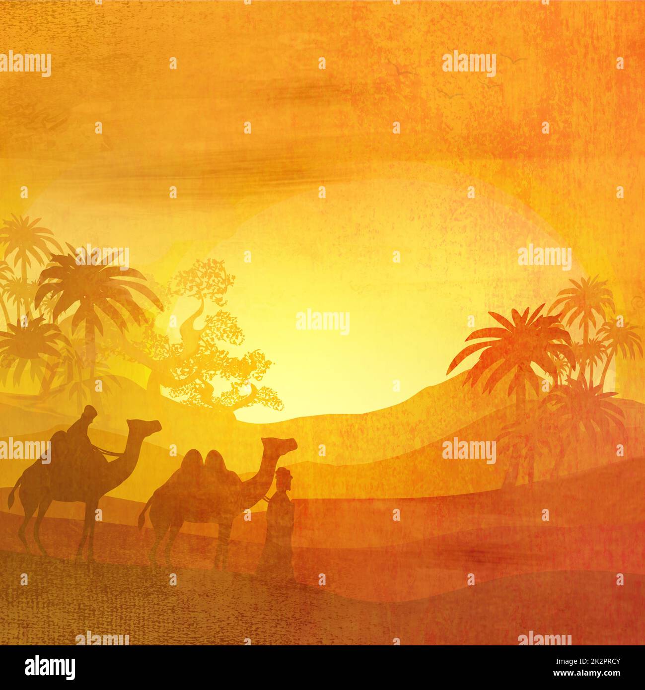 Bedouin camel caravan in wild africa landscape - artistic grunge ...