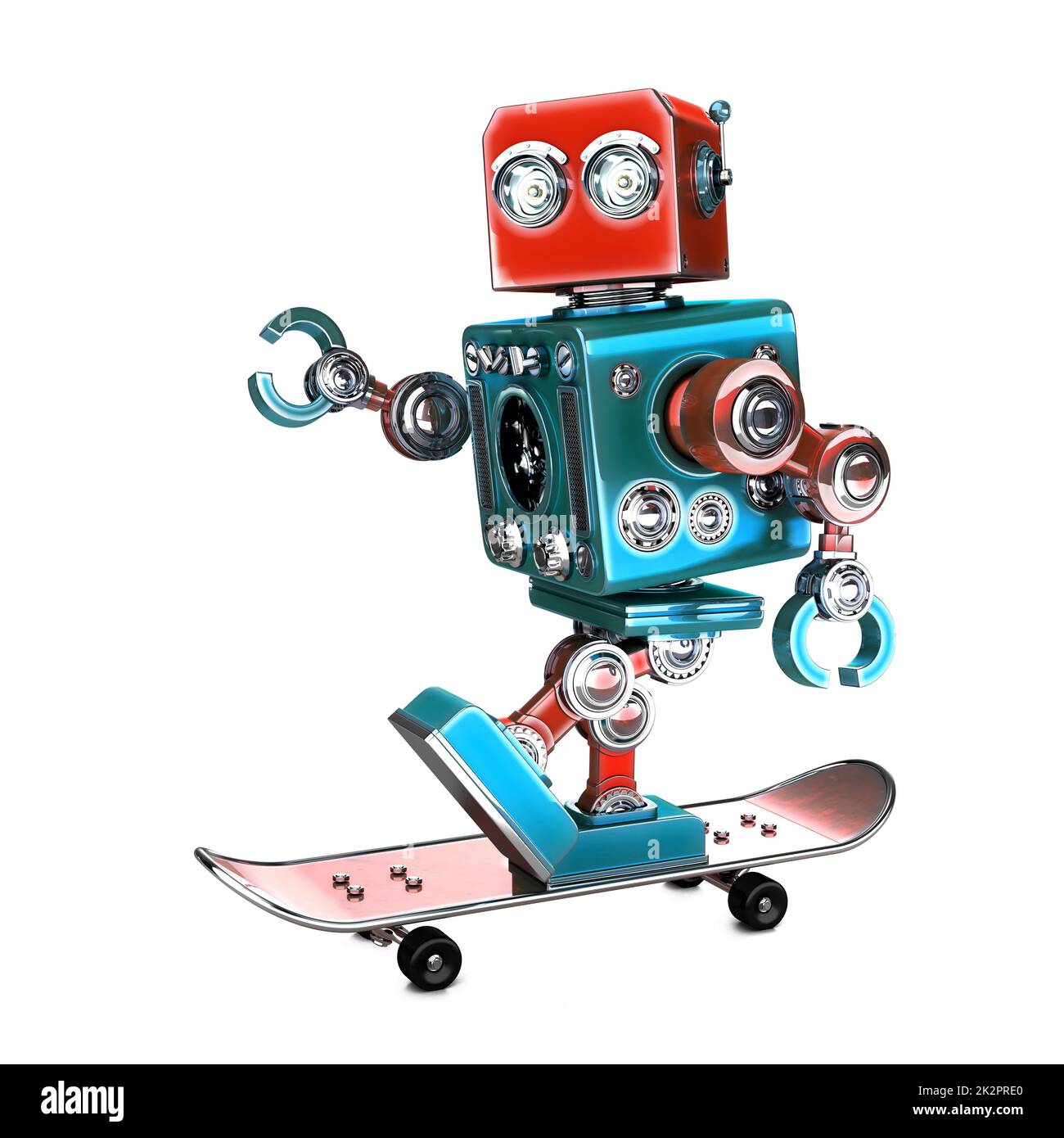 Cute 3D Retro Robot riding a skateboard. 3D illustration. Isolated ...