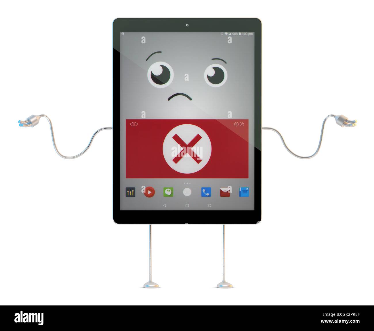 Worried Cartoon Tablet character with Application Error sign. 3D ...