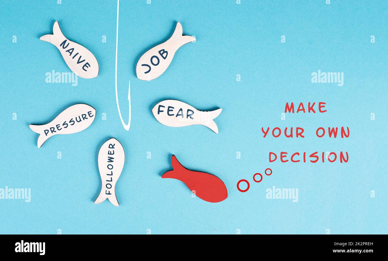 Group of fishes with words like fear, pressure, follower swimming to ...