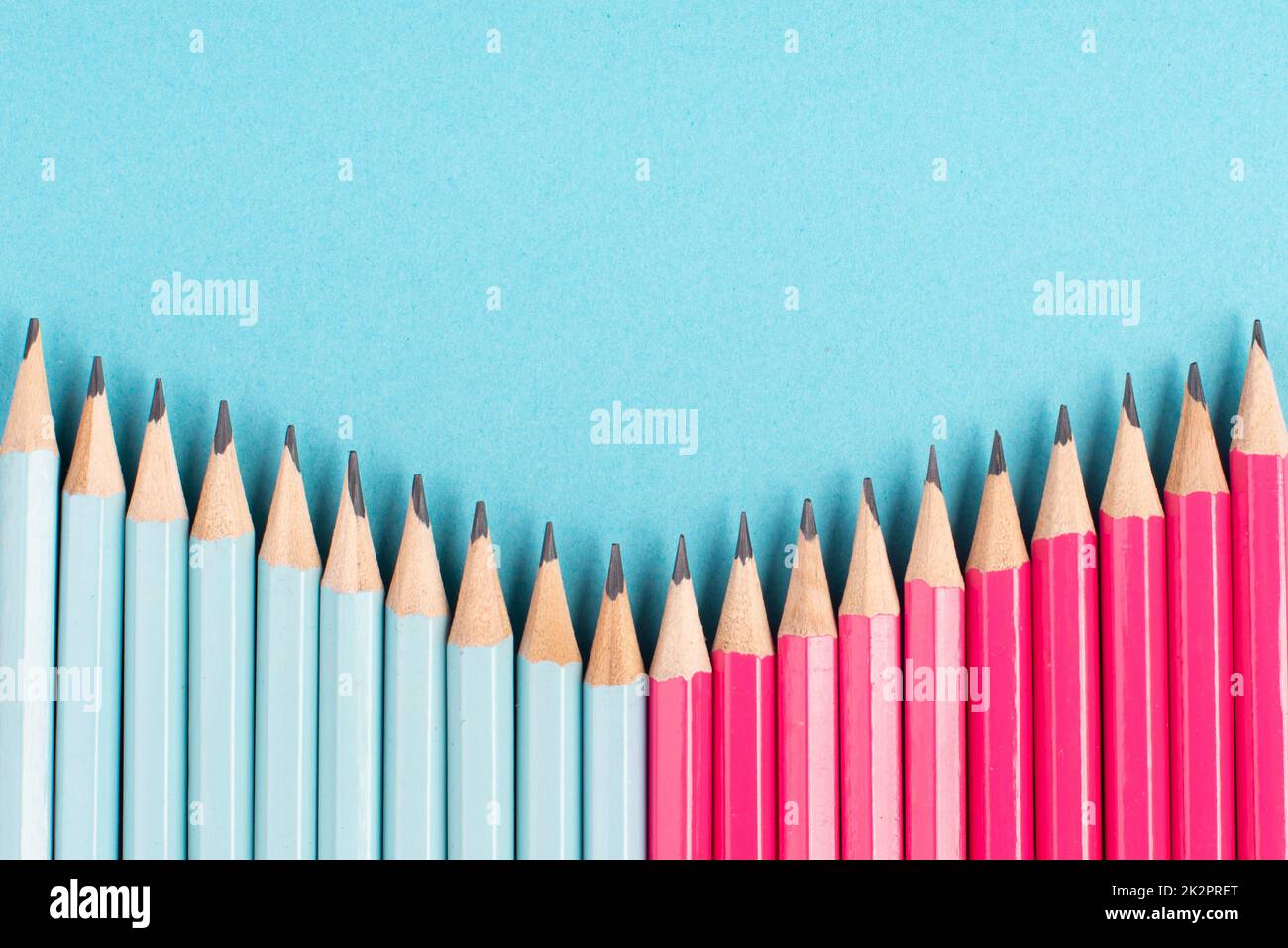 Blue and pink colored pencils building a row, copy space for text, back ...