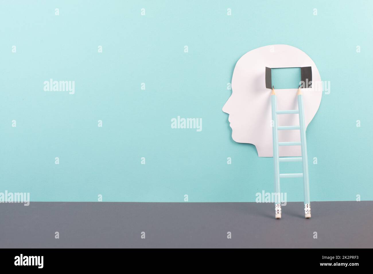 Silhouette of a man, window to the brain, ladder of success, open ...