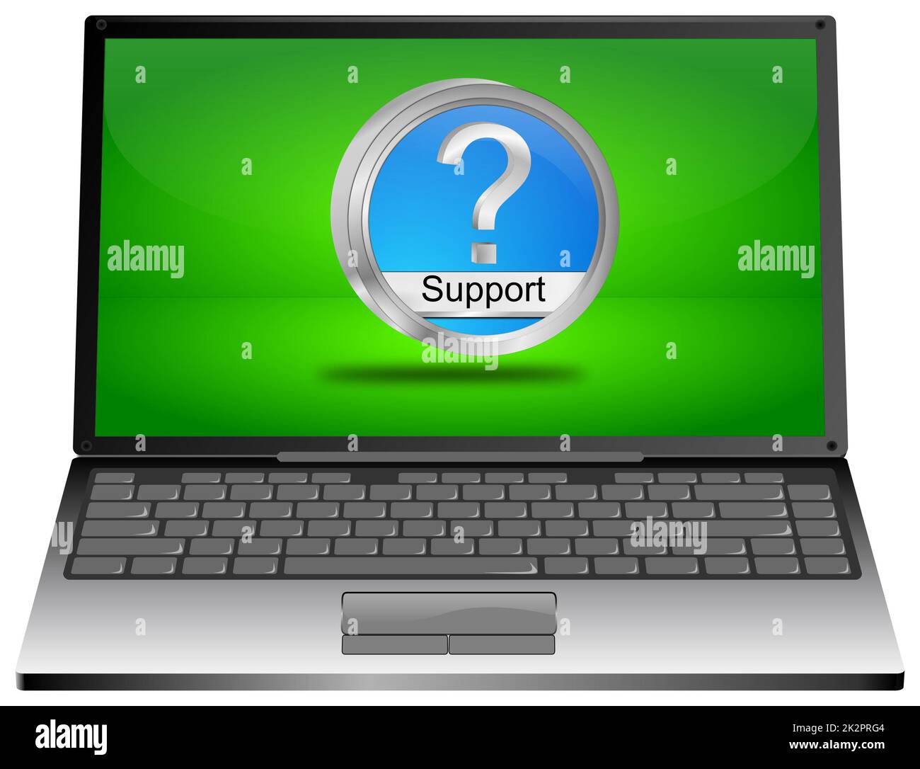 Laptop computer with blue Support Button on green desktop - 3D ...