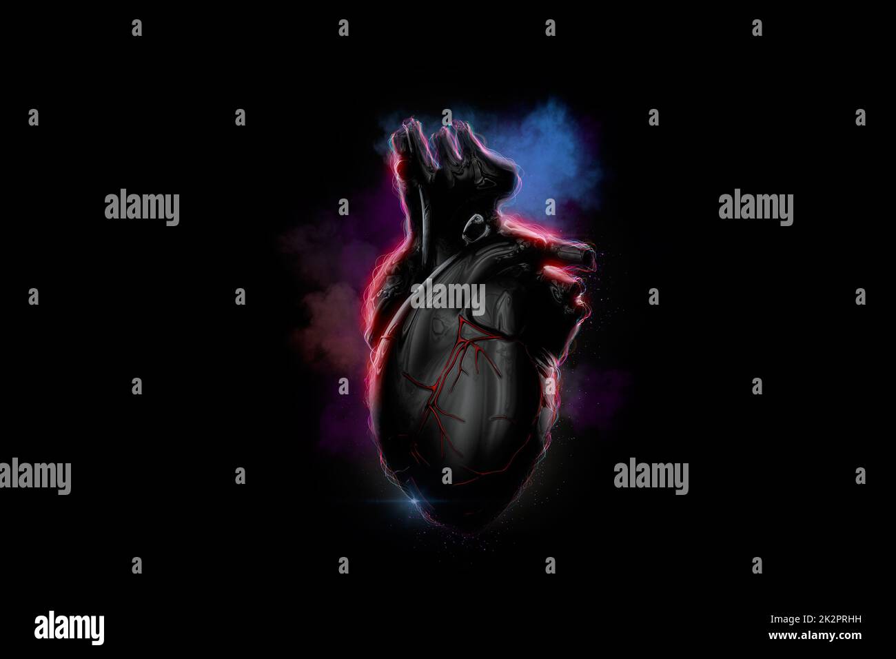Illuminated human heart of glowing particles and smoke. 3D illustration ...