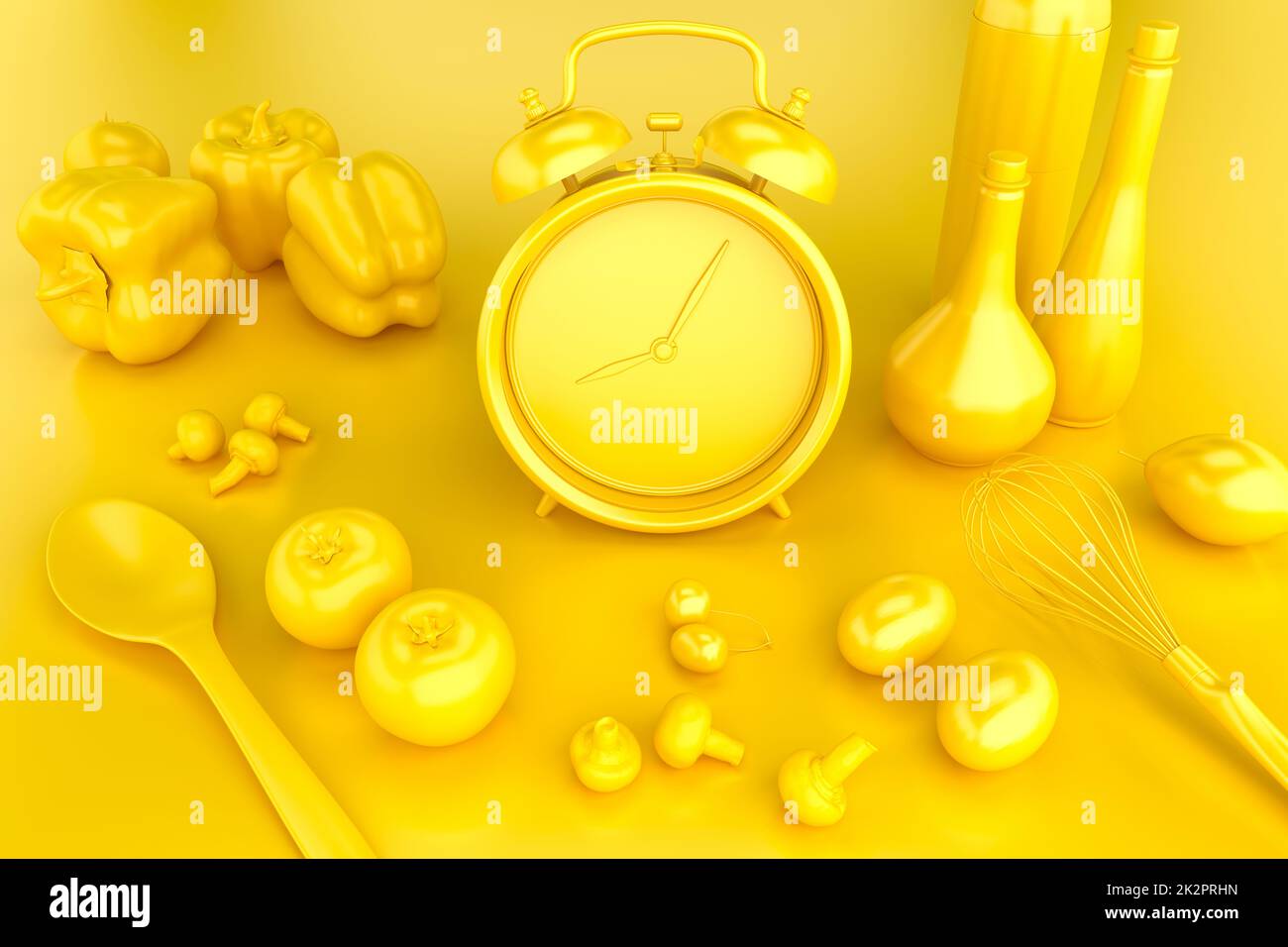 Alarm clock with vegetables and kitchen utensils on top of the table ...