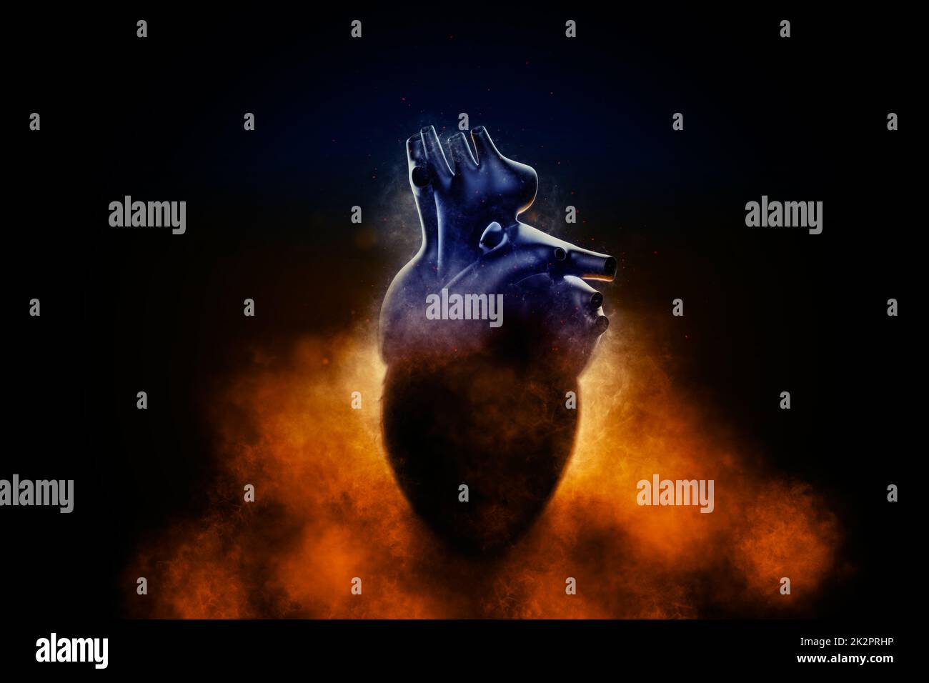 Abstract human heart in a smoke on a black background. 3D illustration ...