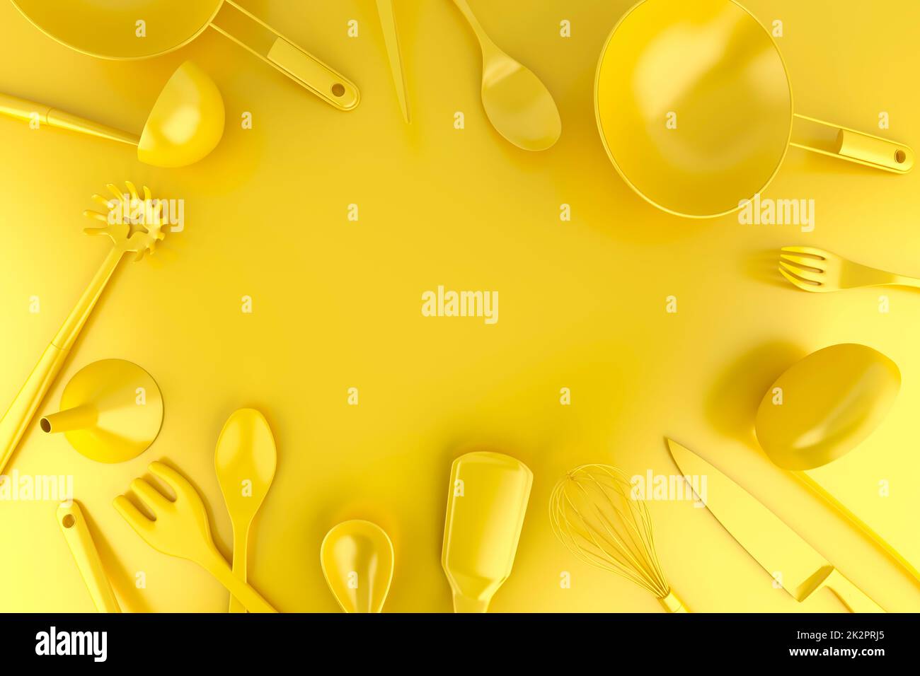 Frame made out of different kitchen tools. Top view. 3D illustration ...