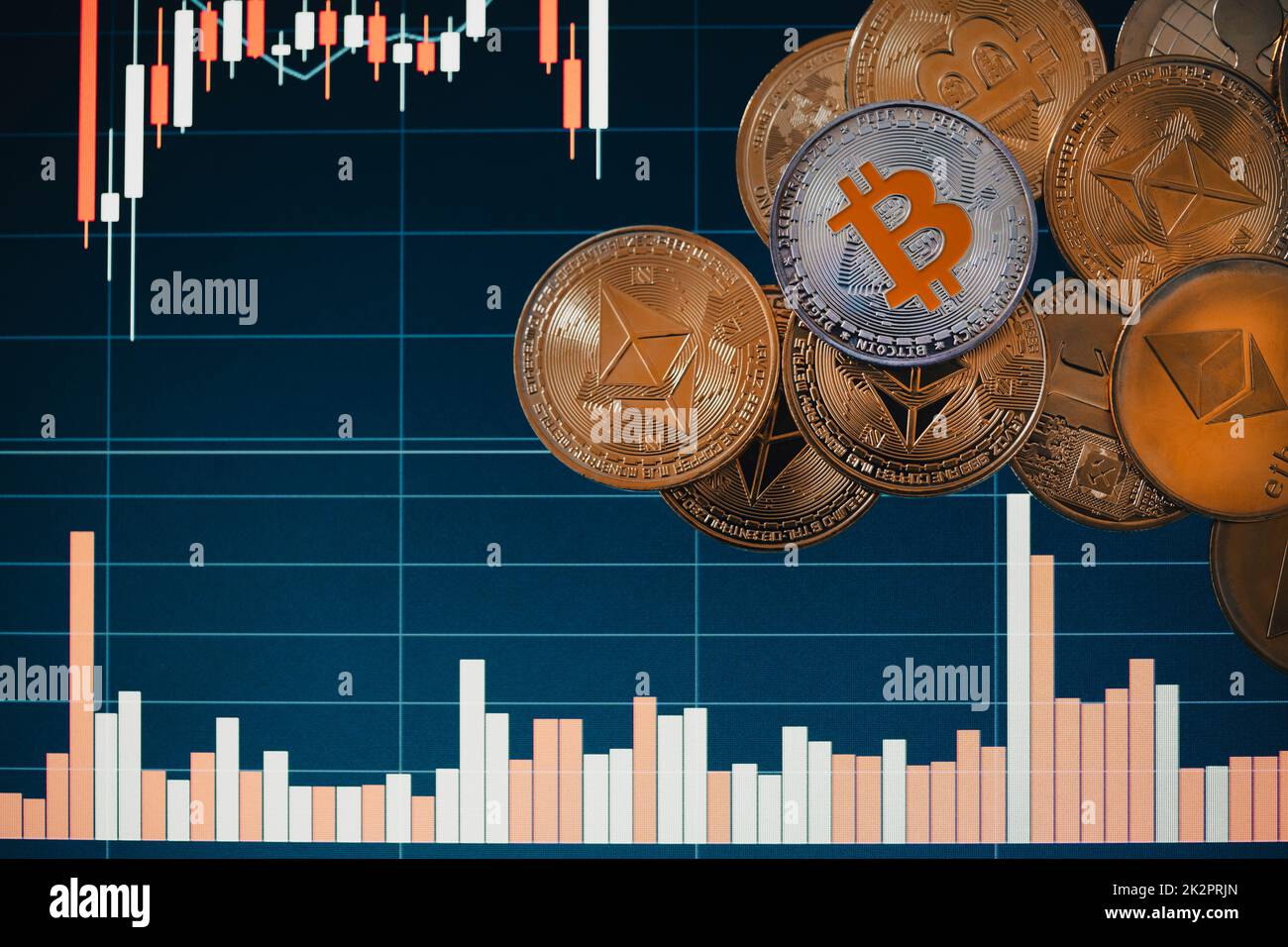 Various Cryptocurrency coins with candle stick graph chart and digital ...