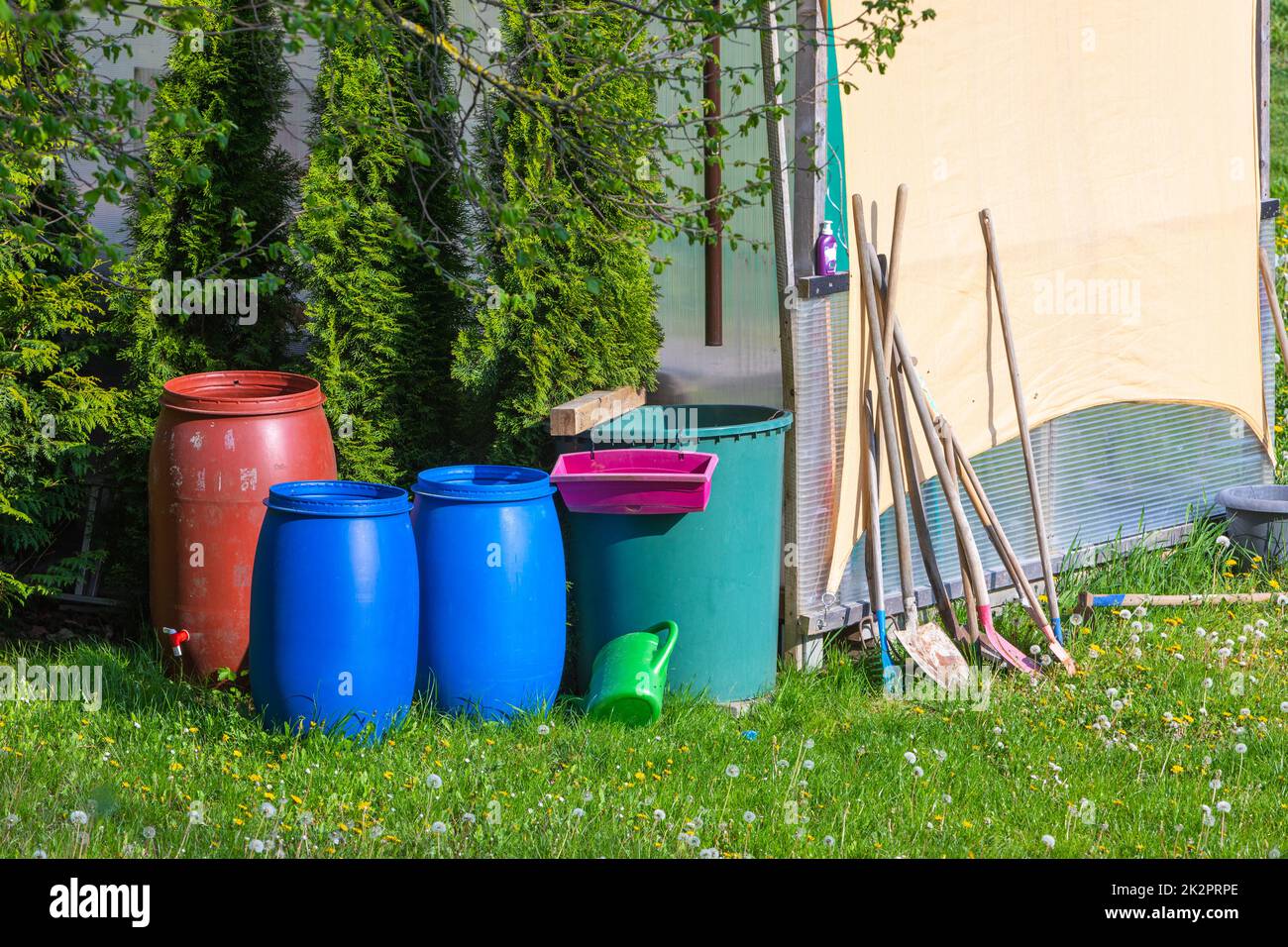 garden detail with water barrels Stock Photo - Alamy