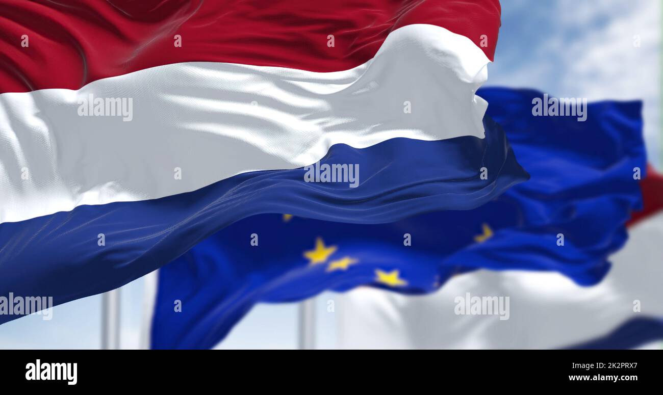 Detail of the national flag of the Netherlands waving in the wind with ...