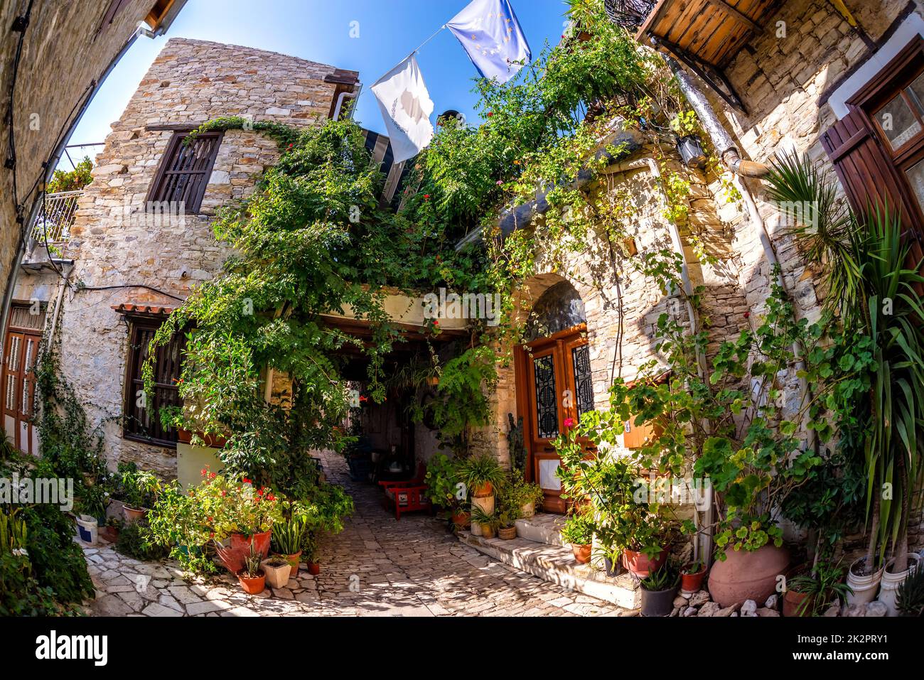 Colorful quiet backyard in the village of Lefkara. Larnaca District ...