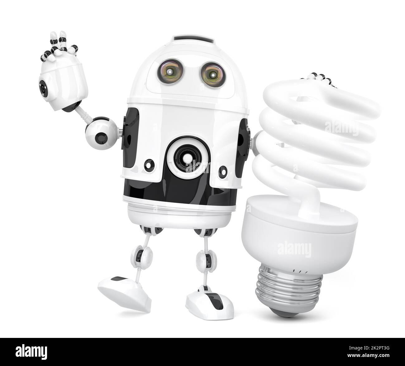 Robot with fluorescent light bulb. 3D illustration. Isolated. Contains ...