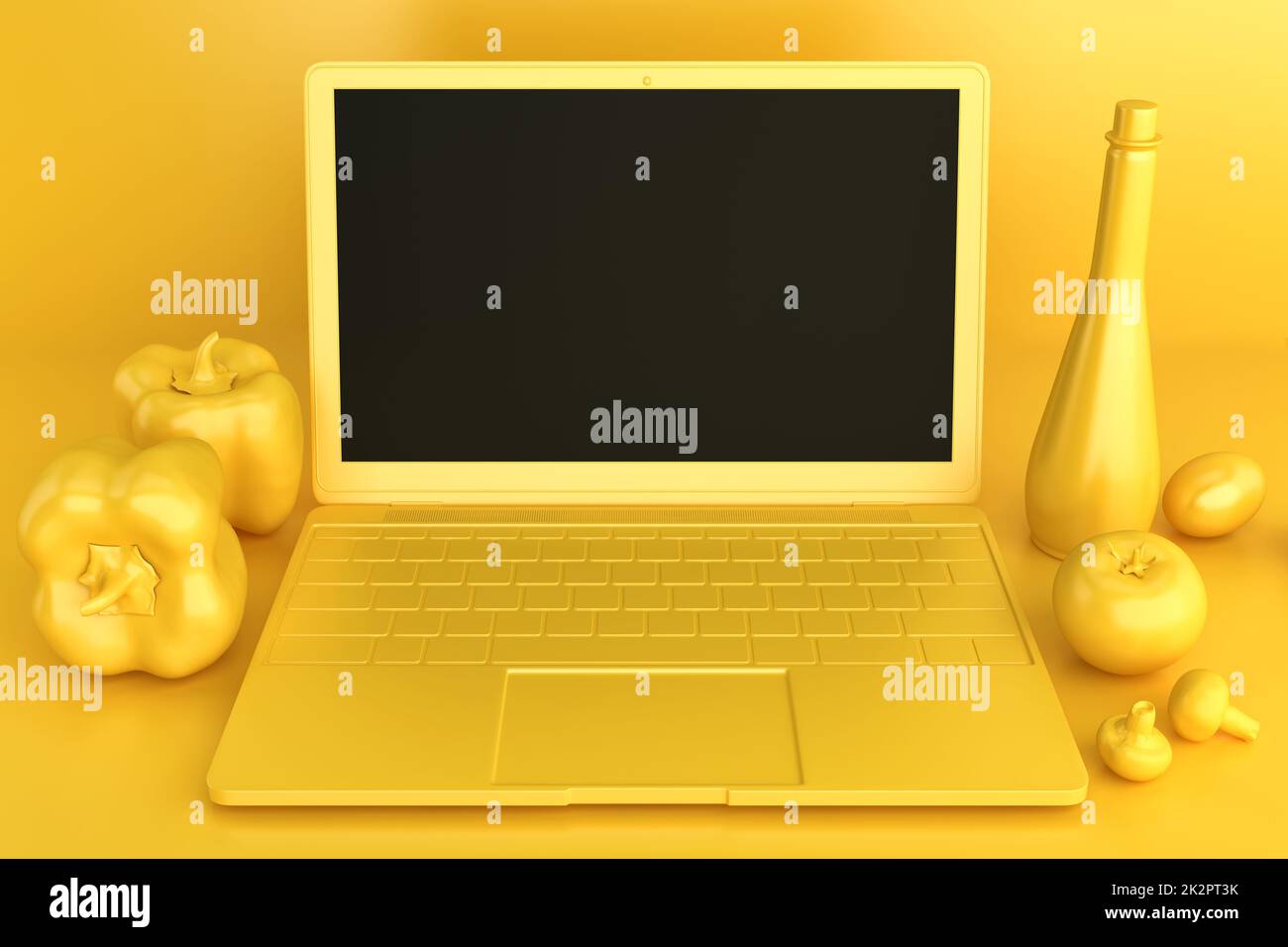 Kitchen table with cooking utensils and laptop mockup. 3D illustration ...