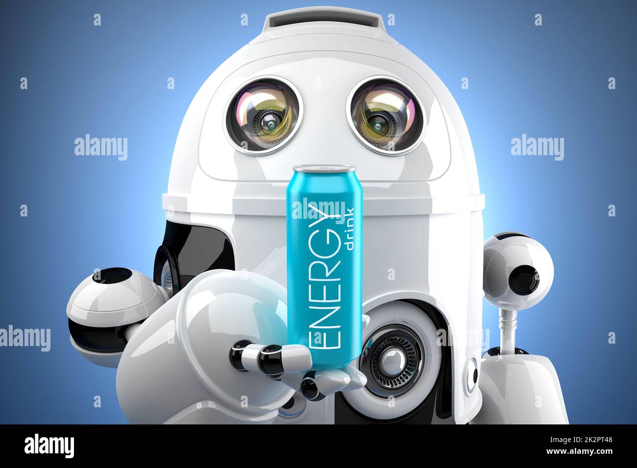 Robot with energy drink can. 3D illustration. Contains clipping path of ...