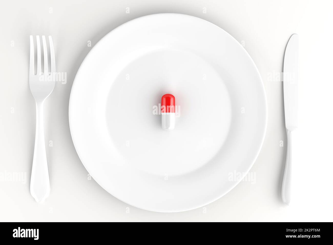 An empty dinner plate with a pill. Dietary concept. 3D illustration ...