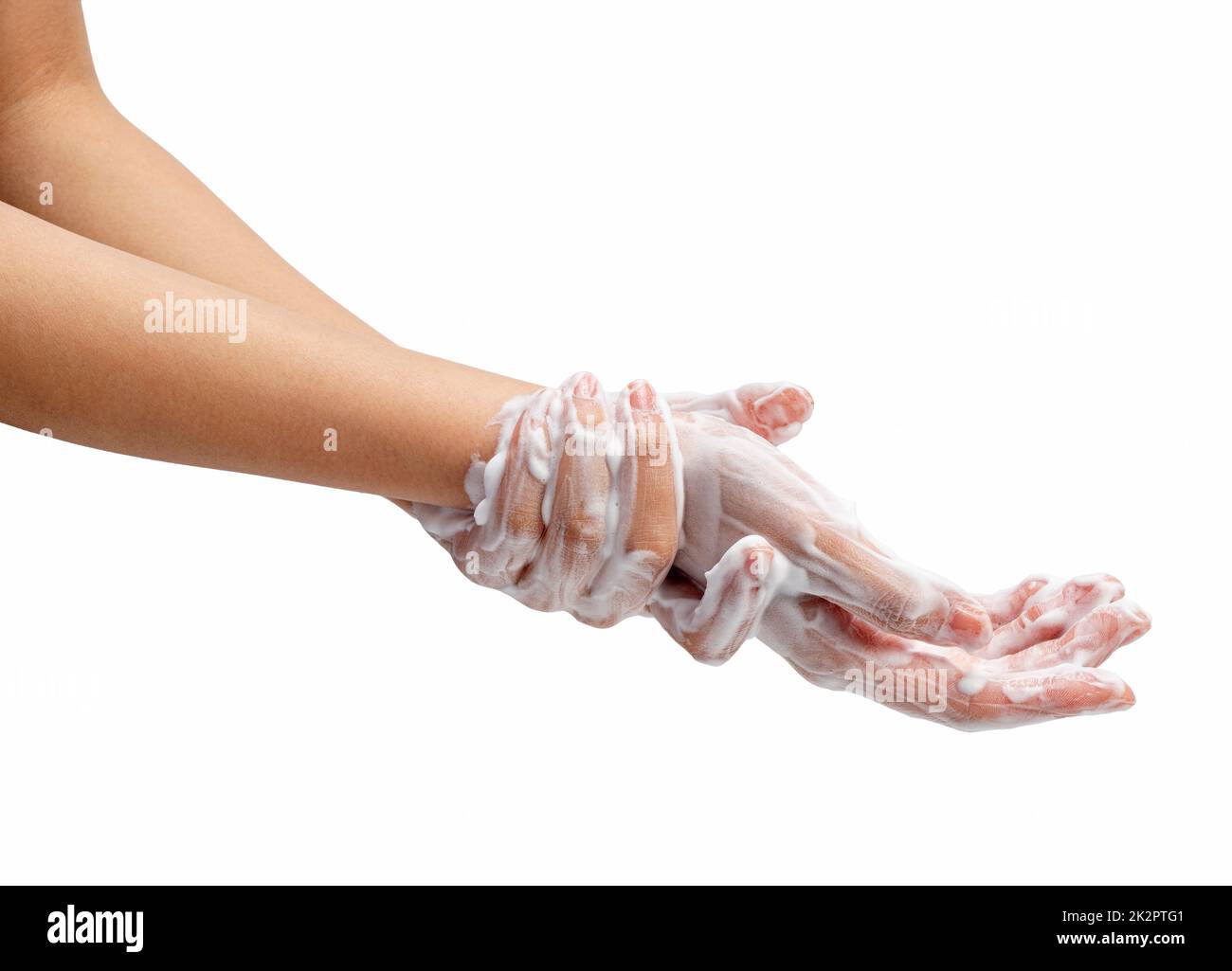 Female hand washing hands with soap lather on white background Stock ...